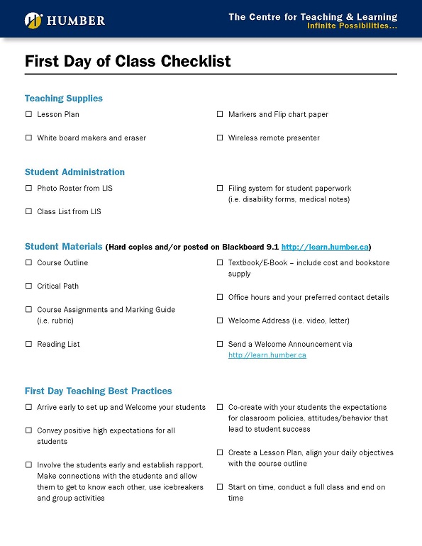 First Day of Class Checklist for Faculty | Humber Communiqué